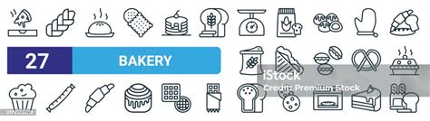 피자 할라 롤빵 옥수수 가루 샌드위치 핫도그 덩어리 웹 디자인 모바일 앱을위한 프랑스 빵 벡터 얇은 선 아이콘과 같은 27 개요 웹 베이커리 아이콘 세트 0명에 대한 스톡