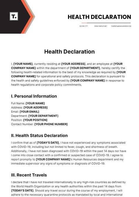 Free Health Declaration Template To Edit Online