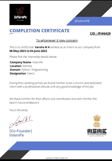 varsha m k on linkedin thankyou internpe internship python