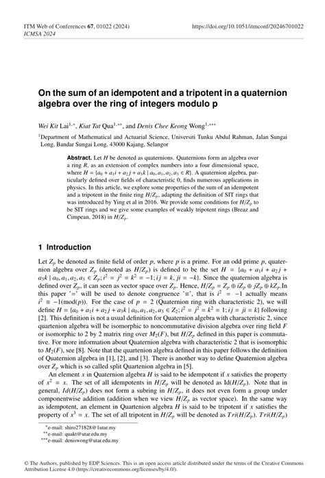 Pdf On The Sum Of An Idempotent And A Tripotent In A Quaternion Algebra Over The Ring Of