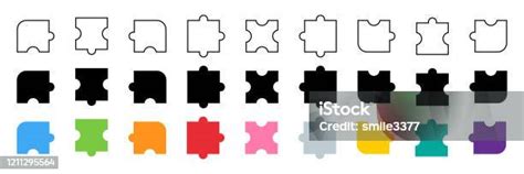 퍼즐 컬렉션입니다 퍼즐 조각다른 색상과 디자인 평면 웹 및 선형 디자인의 흰색 배경에 고립 된 퍼즐 퍼즐 벡터 일러스트레이션 0