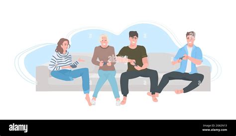 People Sitting On Sofa Using Joysticks Friends Having Fun Playing Video