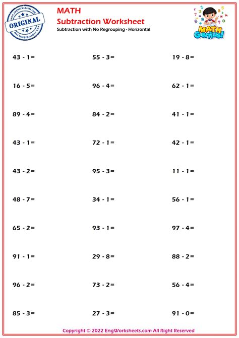 Subtraction With No Regrouping Horizontal Worksheets And Exercise Images Preview Engworksheets
