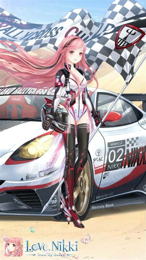 Download A Girl With Pink Hair Standing Next To A Race Car