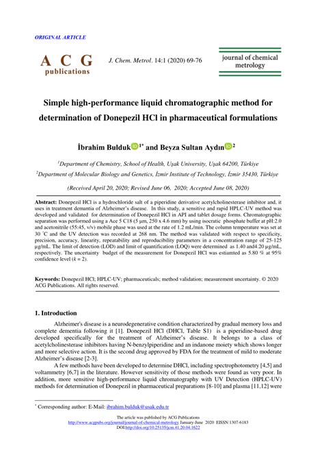 Pdf Simple High Performance Liquid Chromatographic Method For Determination Of Donepezil Hcl