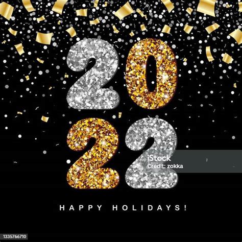비행 기하학적 및 호일 종이 색종이와 검은 배경에 골드와 실버 반짝이 2022 숫자와 해피 홀리데이 배너 새해에 대한 스톡 벡터 아트 및 기타 이미지 Istock