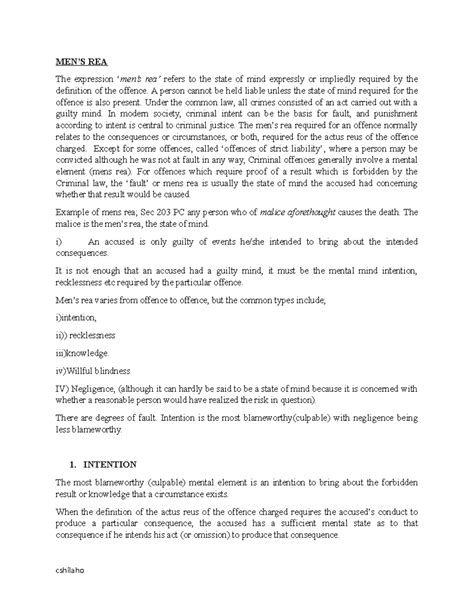 Mens Rea And Strict Liability Class Notes Mens Rea The Expression