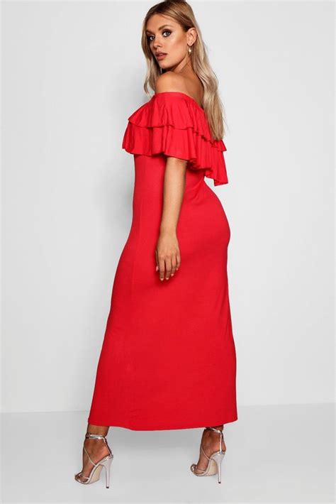 Boohoo Plus Off The Shoulder Ruffle Maxi Dress Kate Middletons Red