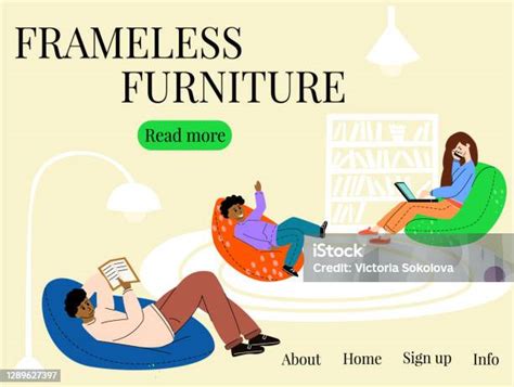 벡터 플랫 일러스트 랜딩 페이지 의자 가방 패딩 의자에 행복한 가족의 이미지와 사이트 디자인 가방에 대한 스톡 벡터 아트 및