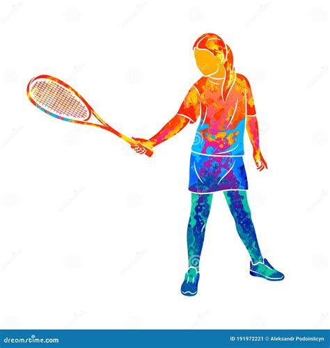 Abstract Young Woman Does An Exercise With A Racket On Her Right Hand