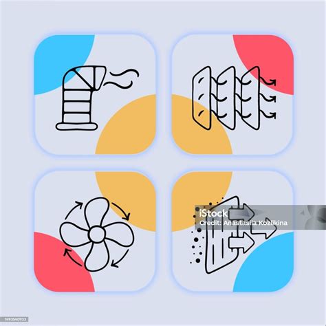 환기 아이콘 집합입니다 공기 흐름 팬 환기 시스템 에어컨 배기 흡입구 냉각 Hvac 기술 개념입니다 Neomorphism