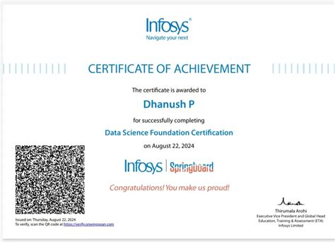 Completed Infosys Data Science Course Dhanush P Posted On The Topic