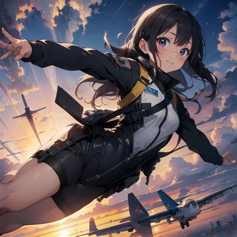 비행기를 배경으로 하늘을 나는 애니메이션 소녀 Seaart Ai