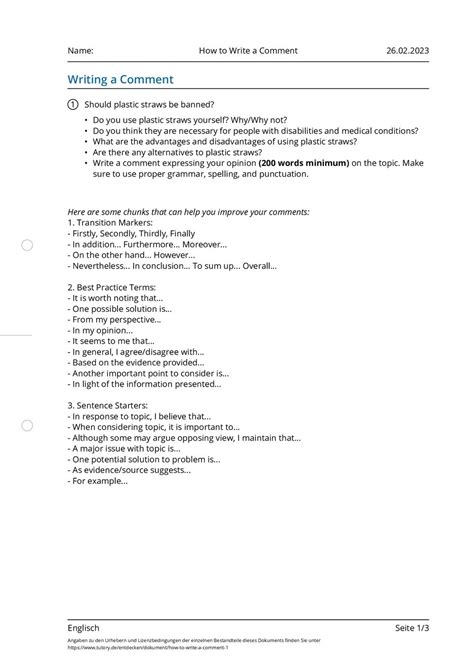 Arbeitsblatt How To Write A Comment Englisch Tutoryde