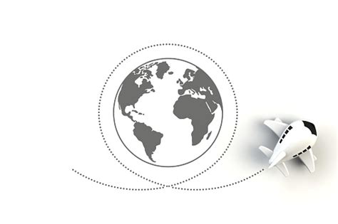 흰색 바탕에 세계 개념 그림 주위를 비행 하는 비행기의 클로즈업 최고 복사 공간 3d 렌더링 보기 0명에 대한 스톡 사진 및 기타 이미지 Istock