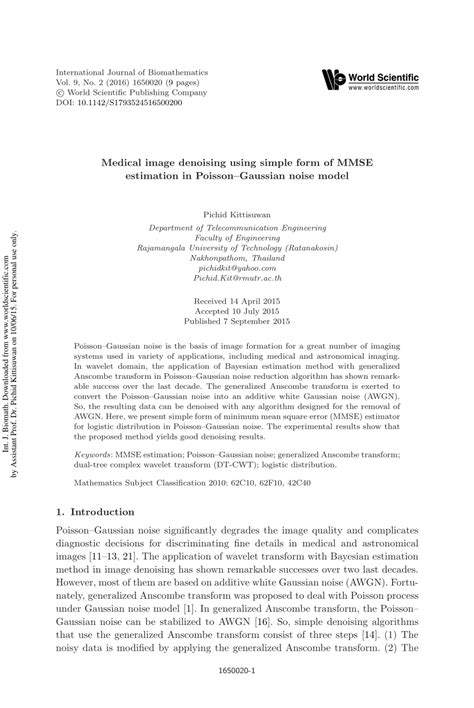 Pdf Medical Image Denoising Using Simple Form Of Mmse Estimation In Poisson Gaussian Noise Model