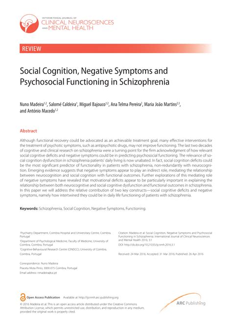 Pdf Social Cognition Negative Symptoms And Psychosocial Functioning