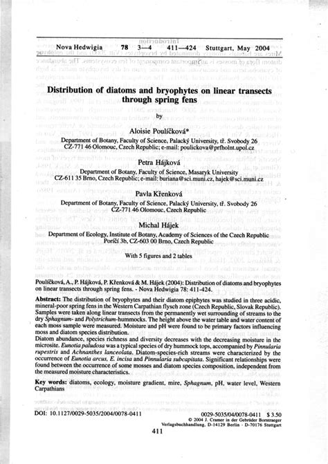 Pdf Distribution Of Diatoms And Bryophytes On Linear Transects