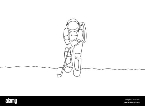 One Single Line Drawing Of Spaceman Astronaut Practicing Golf On Moon