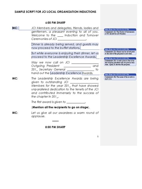 Jci Philippines Sample Induction Script Template Pdf