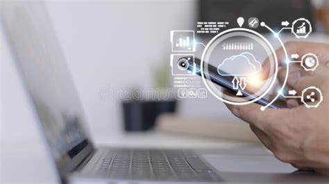 Hand Holding Virtual Cloud Computing With World And Technology Item Such As Upload Download