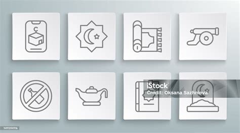 세트 라인 알코올 팔각형 별 오일 램프 코란의 거룩한 책 무슬림 묘지 전통 카펫 라마단 대포 별과 초승달 아이콘 벡터 0명에 대한 스톡 벡터 아트 및 기타 이미지 Istock