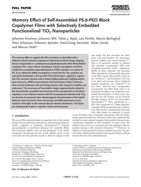 Pdf Memory Effect Of Self Assembled Ps B Peo Block Copolymer Films With Selectively Embedded