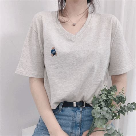 Usa베어 곰 자수 브이넥 반팔티 5color