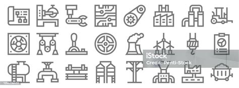 산업 공정 라인 아이콘 선형 집합입니다 석탄 분쇄기 사일로 탱크 후크 레버 지게차 기어 톱 머신과 같은 품질 벡터 라인 세트 도르래에 대한 스톡 벡터 아트 및 기타 이미지