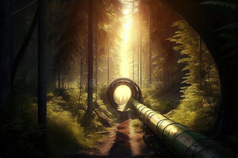 Gas Pipeline In Dense Forest With Trees And Sunlight Peeking Through