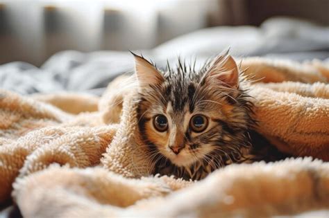 Premium Photo Wet Kitten After Bathing Wrapped In A Towel On The Bed Closeup