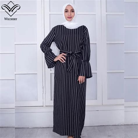 Wechery Women Striped Abaya Fashion Muslim Dress Trumpet Sleeve Black
