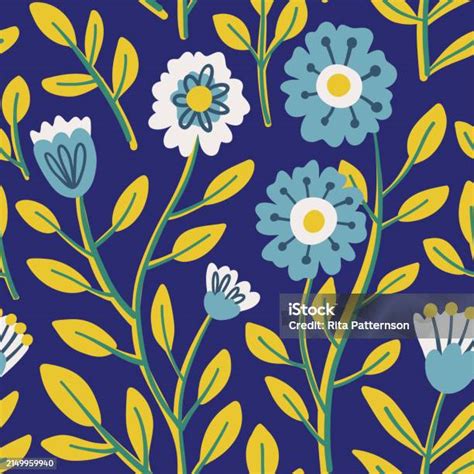 Ditsy 패턴 추상적인 배경 와 심플한 파랑 크고 작은 데이지 꽃 와 종 와 파란 꽃이 만발한 봄 또는 여름 초원의 완벽 한 패턴입니다 세련된 꽃무늬 꽃 식물에 대한 스톡