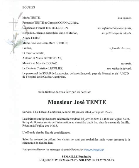 Avis de décès de José TENTE Pompes funèbres Semaille