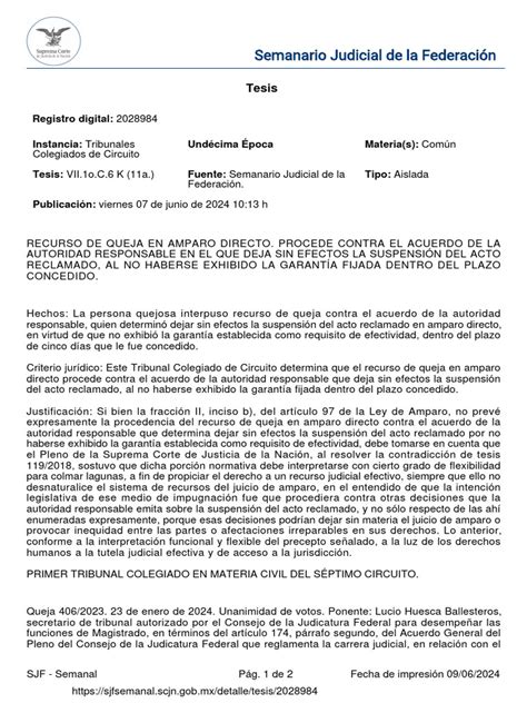 T Común Recurso De Queja En Amparo Directo Procede Contra El Acuerdo