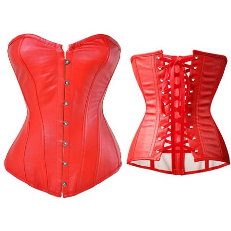 Redblack Sexy Ladies Faux Leather Corset Dress Set Overbust Bustier S