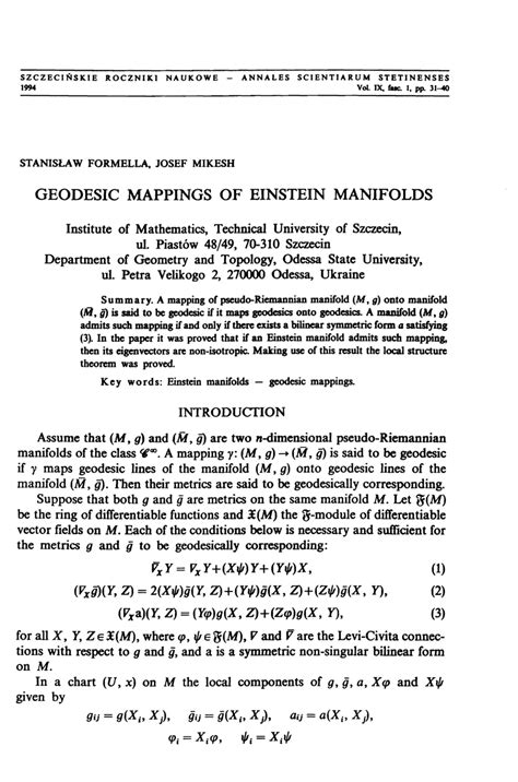 Pdf Geodesic Mappings Of Einstein Manifolds
