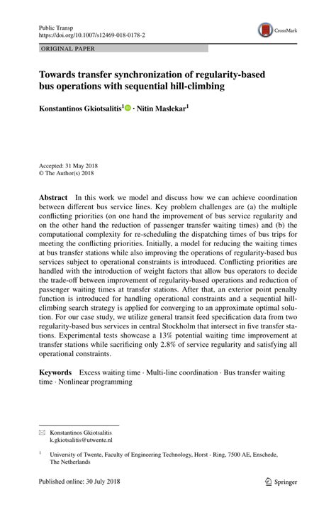 Pdf Towards Transfer Synchronization Of Regularity Based Bus Operations With Sequential Hill
