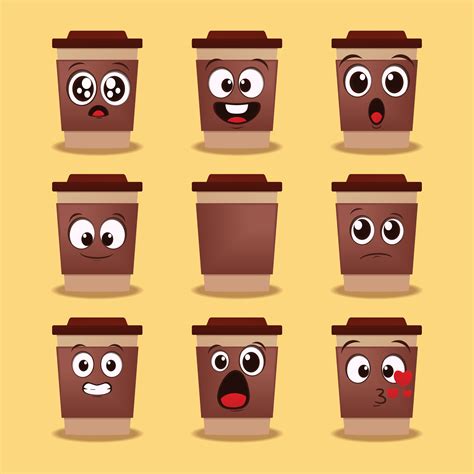 Set Of Coffe Cup Expression Cute Kawaii Coffee Paper Cup Character