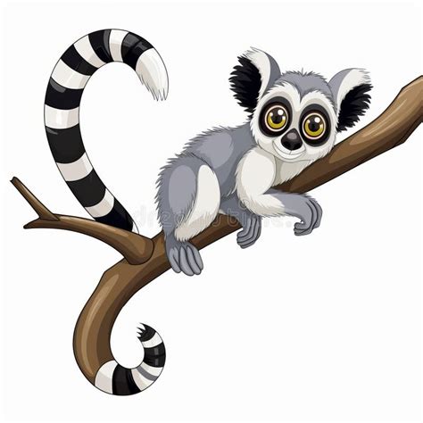 Cartoon Cute Lemur Hanging On Tree Branch Vector Illustration Stock