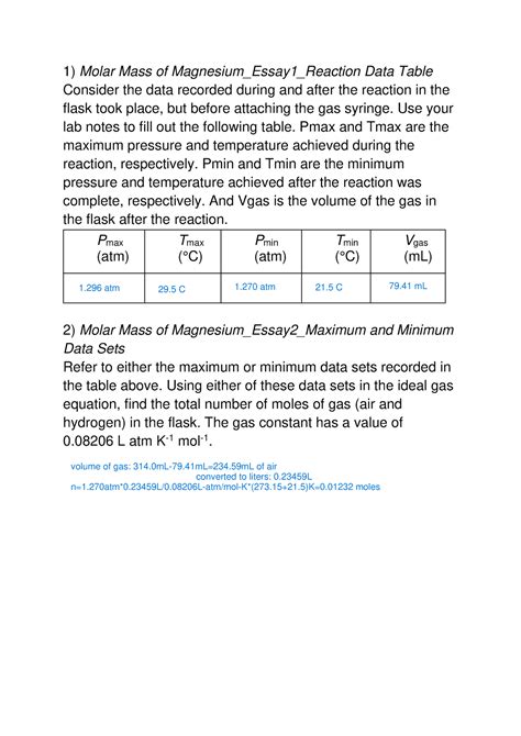 Molar Mass Lab Lab Molar Mass Of Magnesiumessay1reaction Data Table Consider The Data
