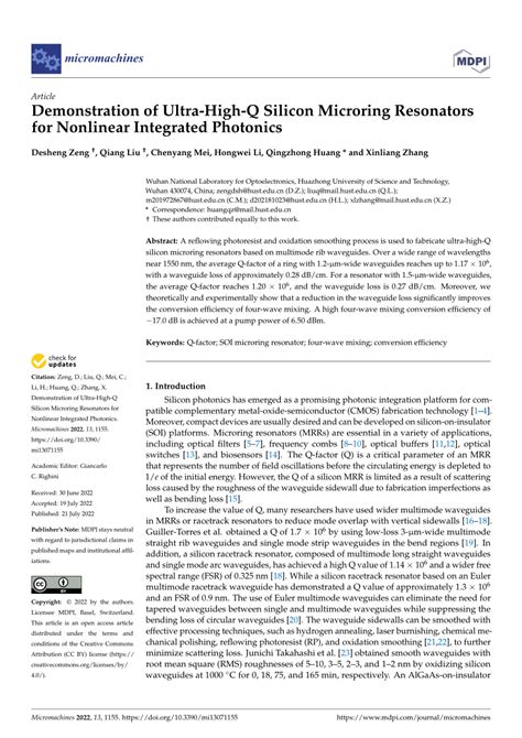 Pdf Demonstration Of Ultra High Q Silicon Microring Resonators For Nonlinear Integrated Photonics