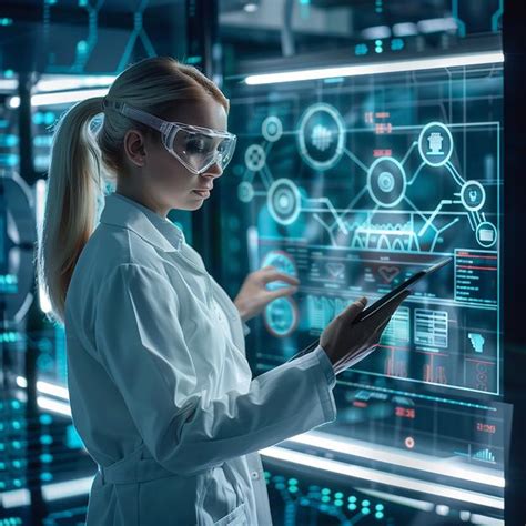 Woman In Lab Coat Using Tablet To Analyze Data In Front Of Screen With Graphs And Charts