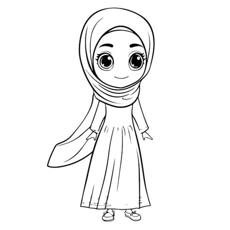 カラーブック用に手描きのヒジャブの女の子の可愛いベクトルイラスト Premium Ai生成ベクトル画像