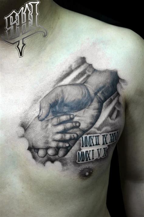 A Man With A Tattoo On His Chest Holding The Hands Of Another Persons Hand