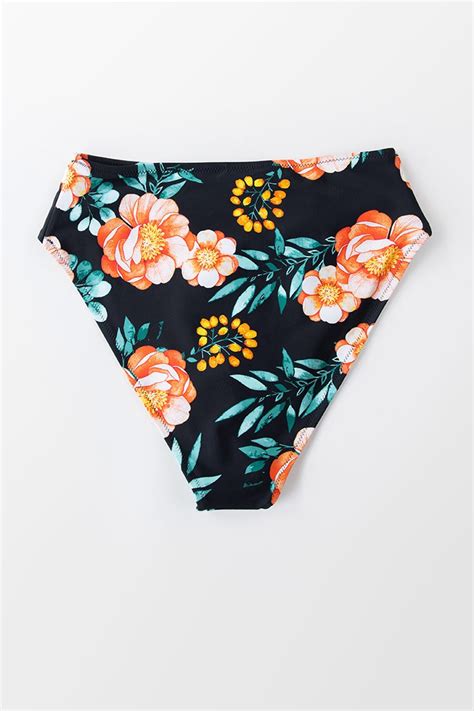 Black Floral Tie Mid Rise Bikini Bottom