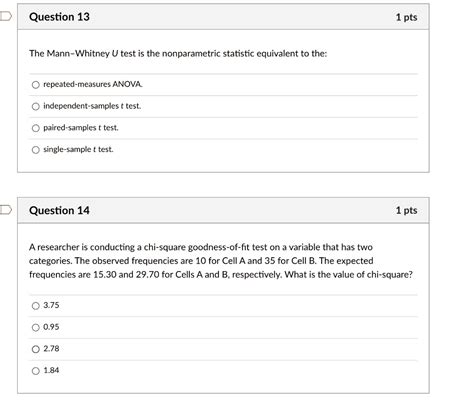 solved question 13 1 pts the mann whitney u test is the nonparametric
