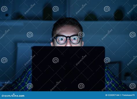 Computer Nerd Portrait Using Computer Late At Night Stock Photo Image Of Lifestyle Clerk