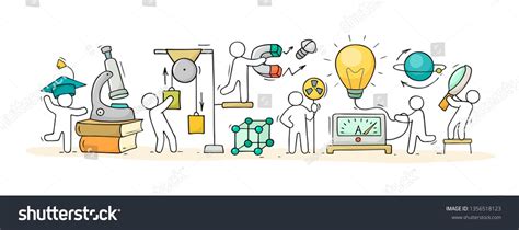 Sketch Of Physics Lab With Working Little People Doodle Cute Miniature