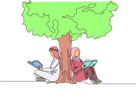 Single One Line Drawing Arab Man Woman Sitting Reading Book Under Shady